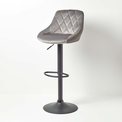 Homescapes Henley Grey Velvet and Leather Height Adjustable Bar Stool ...