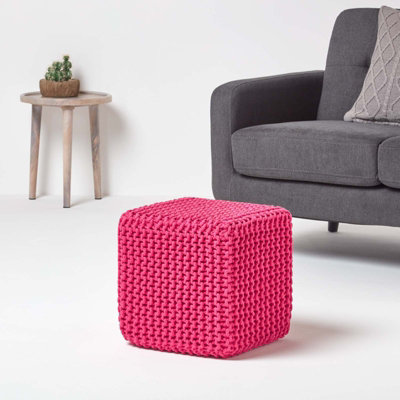 Homescapes Hot Pink Cube Cotton Knitted Pouffe Footstool | DIY at B&Q
