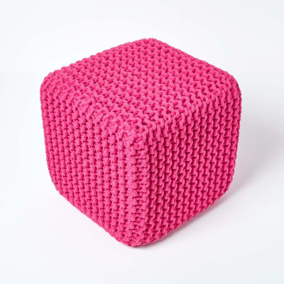 Homescapes Hot Pink Cube Cotton Knitted Pouffe Footstool