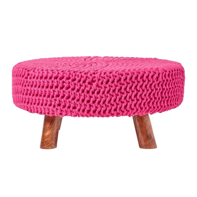 Homescapes Hot Pink Large Round Cotton Knitted Footstool on Legs