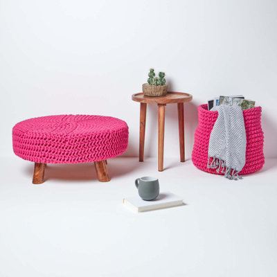 Homescapes Hot Pink Large Round Cotton Knitted Footstool on Legs
