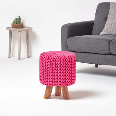 Homescapes Hot Pink Tall Cotton Knitted Footstool on Legs