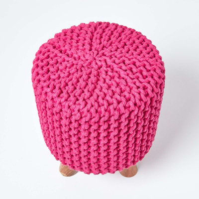 Homescapes Hot Pink Tall Cotton Knitted Footstool on Legs