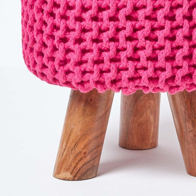 HOMESCAPES HOT PINK TALL COTTON KNITTED FOOTSTOOL ON LEGS