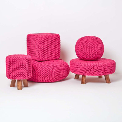 Homescapes Hot Pink Tall Cotton Knitted Footstool on Legs