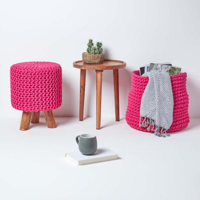 HOMESCAPES HOT PINK TALL COTTON KNITTED FOOTSTOOL ON LEGS