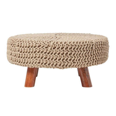 Homescapes Linen Large Round Cotton Knitted Footstool on Legs