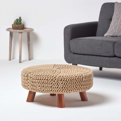 Homescapes Linen Large Round Cotton Knitted Footstool on Legs