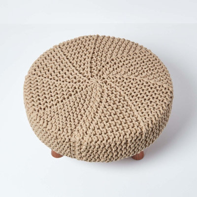 Homescapes Linen Large Round Cotton Knitted Footstool on Legs