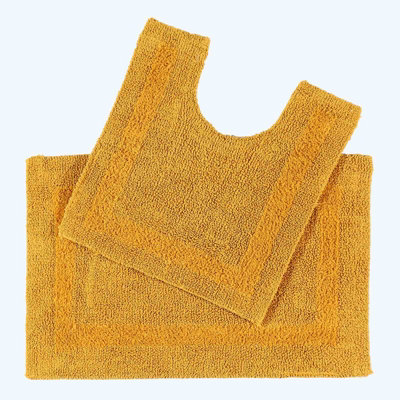 HOMESCAPES LUXURY REVERSIBLE COTTON BATH MAT SET - MUSTARD YELLOW