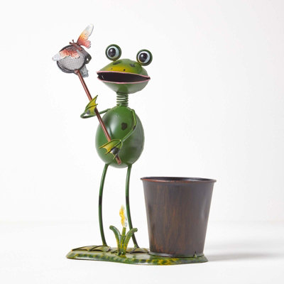 Homescapes Metal Frog with Butterfly Net and Flower Pot, 31 cm Tall ...