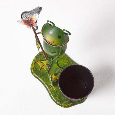 Homescapes Metal Frog with Butterfly Net and Flower Pot, 31 cm Tall ...