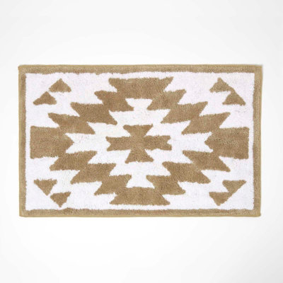 Homescapes Natural and White Bath Mat 100% Cotton Aztec Design, 50 x 80 cm