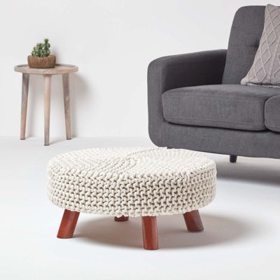 Homescapes Natural Large Round Cotton Knitted Footstool on Legs | DIY ...