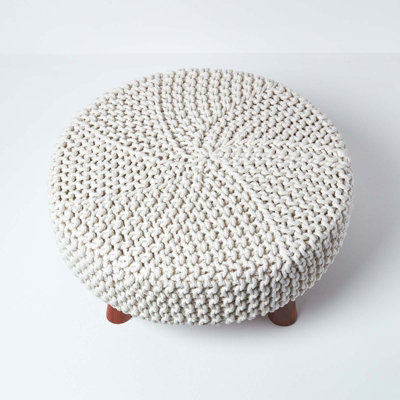 Homescapes Natural Large Round Cotton Knitted Footstool on Legs