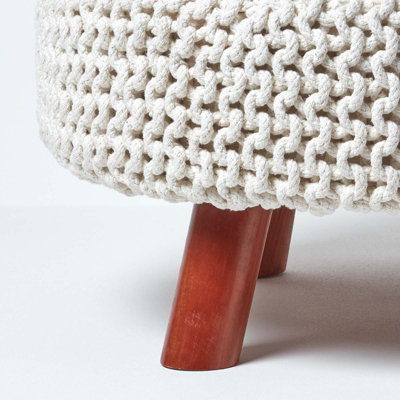 Homescapes Natural Large Round Cotton Knitted Footstool on Legs