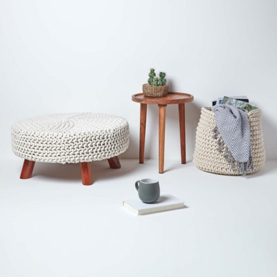 Homescapes Natural Large Round Cotton Knitted Footstool on Legs