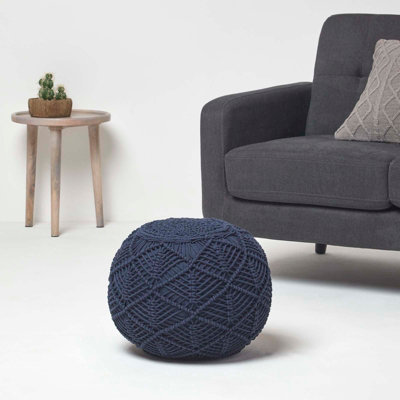 Homescapes Navy Crochet Knitted Pouffe 35 x 40 cm