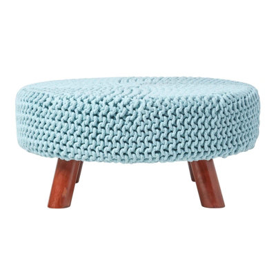 Homescapes Pastel Blue Large Round Cotton Knitted Footstool on Legs ...
