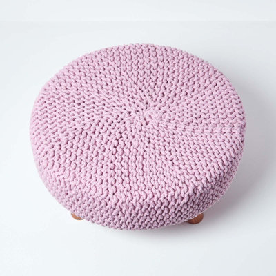Homescapes Pastel Pink Large Round Cotton Knitted Footstool on Legs
