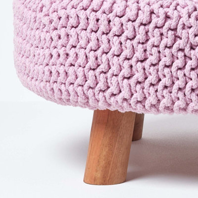 Homescapes Pastel Pink Large Round Cotton Knitted Footstool on Legs