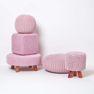 Homescapes Pastel Pink Large Round Cotton Knitted Footstool on Legs