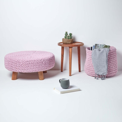 Homescapes Pastel Pink Large Round Cotton Knitted Footstool on Legs