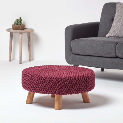 Homescapes Plum Large Round Cotton Knitted Footstool on Legs | DIY at B&Q