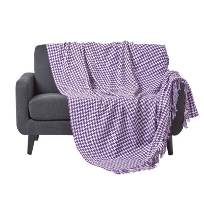 Homescapes Purple Houndstooth 100% Cotton Bedspread Throw, 225cm x 255cm