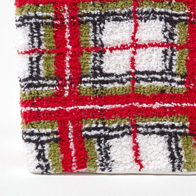 Homescapes Red and White Tartan Pattern Tufted Cotton Cube Pouffe 36 x ...