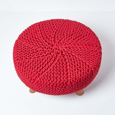 Homescapes Red Round Cotton Knitted Footstool on Legs