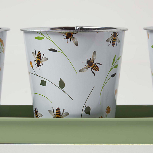 HOMESCAPES Set of 3 Green and White Indoor Plant Pots with Floral Bee ... HOMESCAPES Set of 3 Green and White Indoor Plant Pots with Floral Bee ...