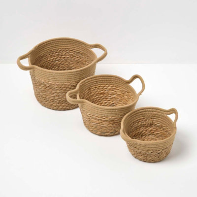 Homescapes Set of 3 Woven Storage Baskets, Natural Grass and Rope
