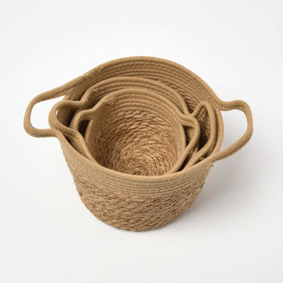 Homescapes Set of 3 Woven Storage Baskets, Natural Grass and Rope