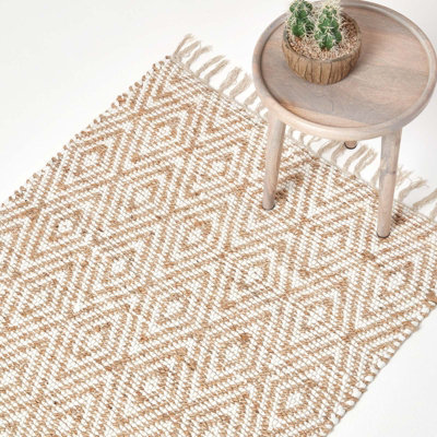 Homescapes Sierra Neutral Diamond Pattern Hemp Chindi Rug, 90 x 150 cm ...