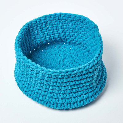 Homescapes Teal Blue Cotton Knitted Round Storage Basket, 37 x 21cm