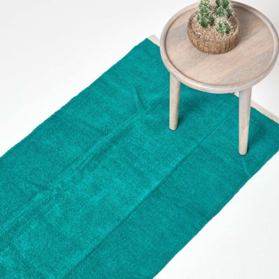 Homescapes Teal Green 100% Cotton Plain Chenille Rug with Natural Trim ...