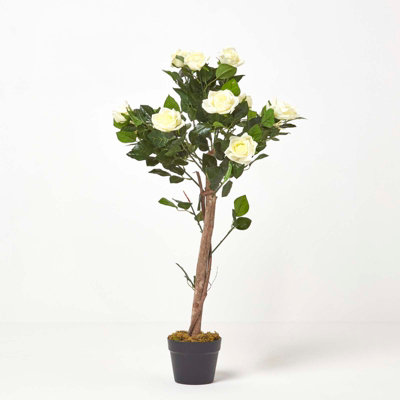 Homescapes White Potted Rose Tree Artificial Plant with lifelike green ...