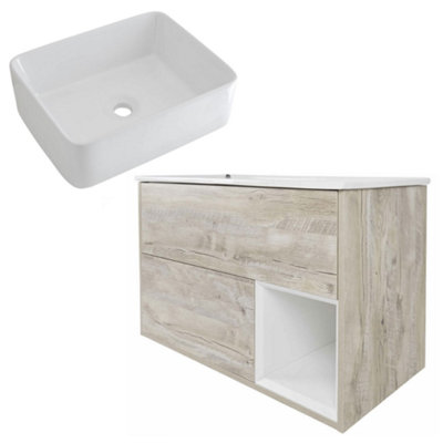 HomeStyleStore 1000mm Light Oak LED Lit Wall Hung Bathroom Vanity Unit ...