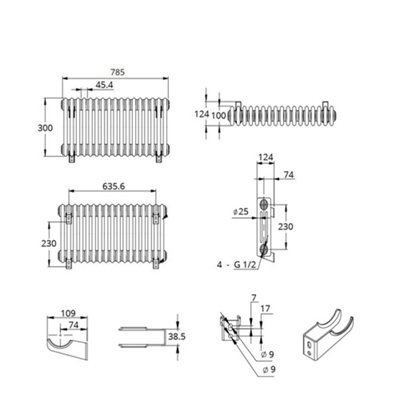 HomeStyleStore 300mm x 785mm Anthracite Cast Iron Style Horizontal 3 ...