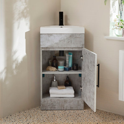HomeStyleStore 450mm Concrete Grey Floorstanding Corner Bathroom Vanity ...