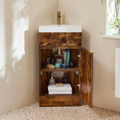 HomeStyleStore 450mm Dark Oak Floorstanding Corner Bathroom Vanity Unit ...