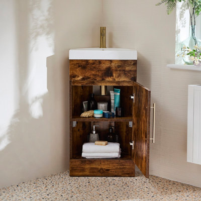 HomeStyleStore 450mm Dark Oak Floorstanding Corner Bathroom Vanity Unit ...