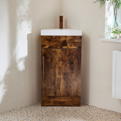 HomeStyleStore 450mm Dark Oak Floorstanding Corner Bathroom Vanity Unit ...