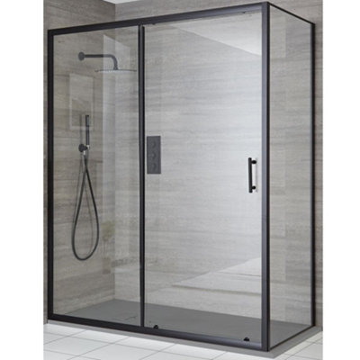 HomeStyleStore Black Corner Wet Room Walk In Sliding Door Shower ...