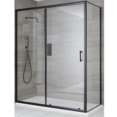 HomeStyleStore Black Corner Wet Room Walk In Sliding Door Shower Enclosure with White Slate ...