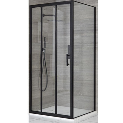 HomeStyleStore Black Corner Wet Room Walk In Triple Sliding Door Shower Enclosure with White ...