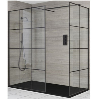 HomeStyleStore Black Grid Corner Walk In Wet Room Shower Enclosure with ...