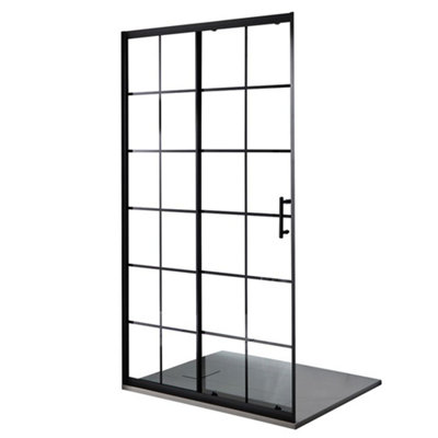 HomeStyleStore Black Grid Sliding Door Shower Enclosure and Light Grey ...