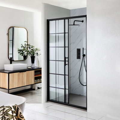 HomeStyleStore Black Grid Sliding Door Shower Enclosure and Light Grey ...